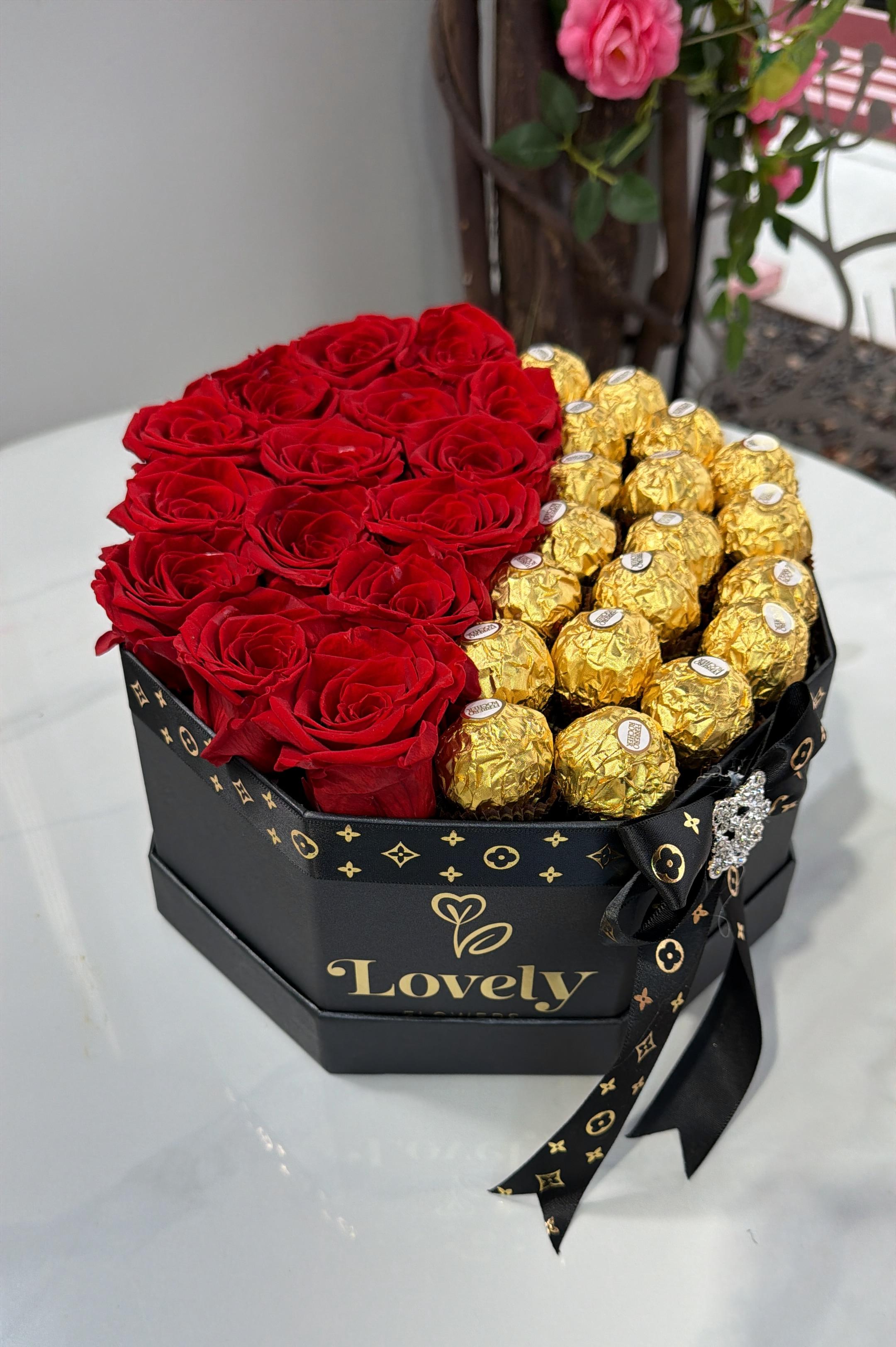 Red Eternal Roses with Ferrero Rocher Luxury Box – Lovely Flowers
