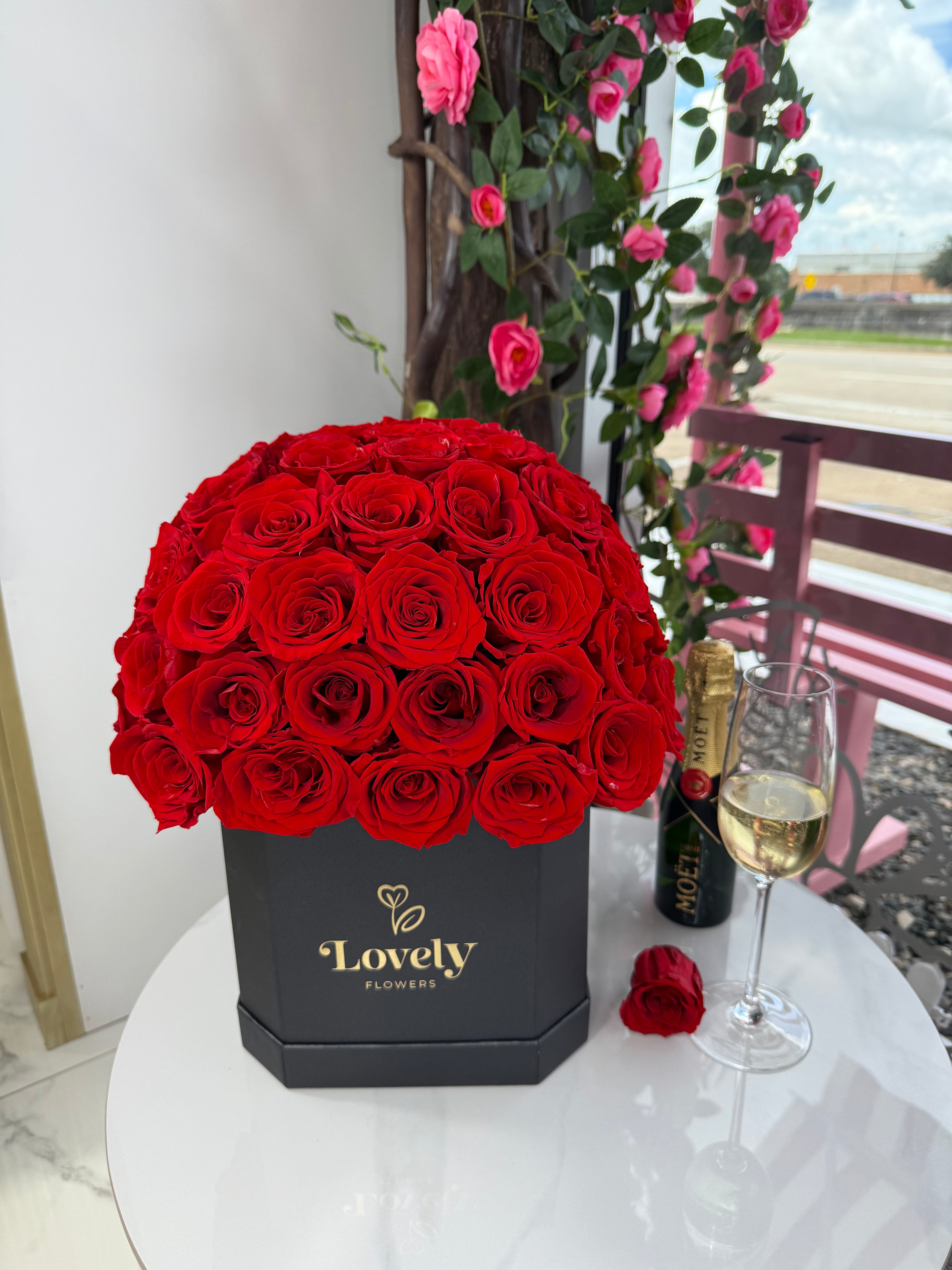 Everlasting Red Roses in Corner Box – Lovely Flowers