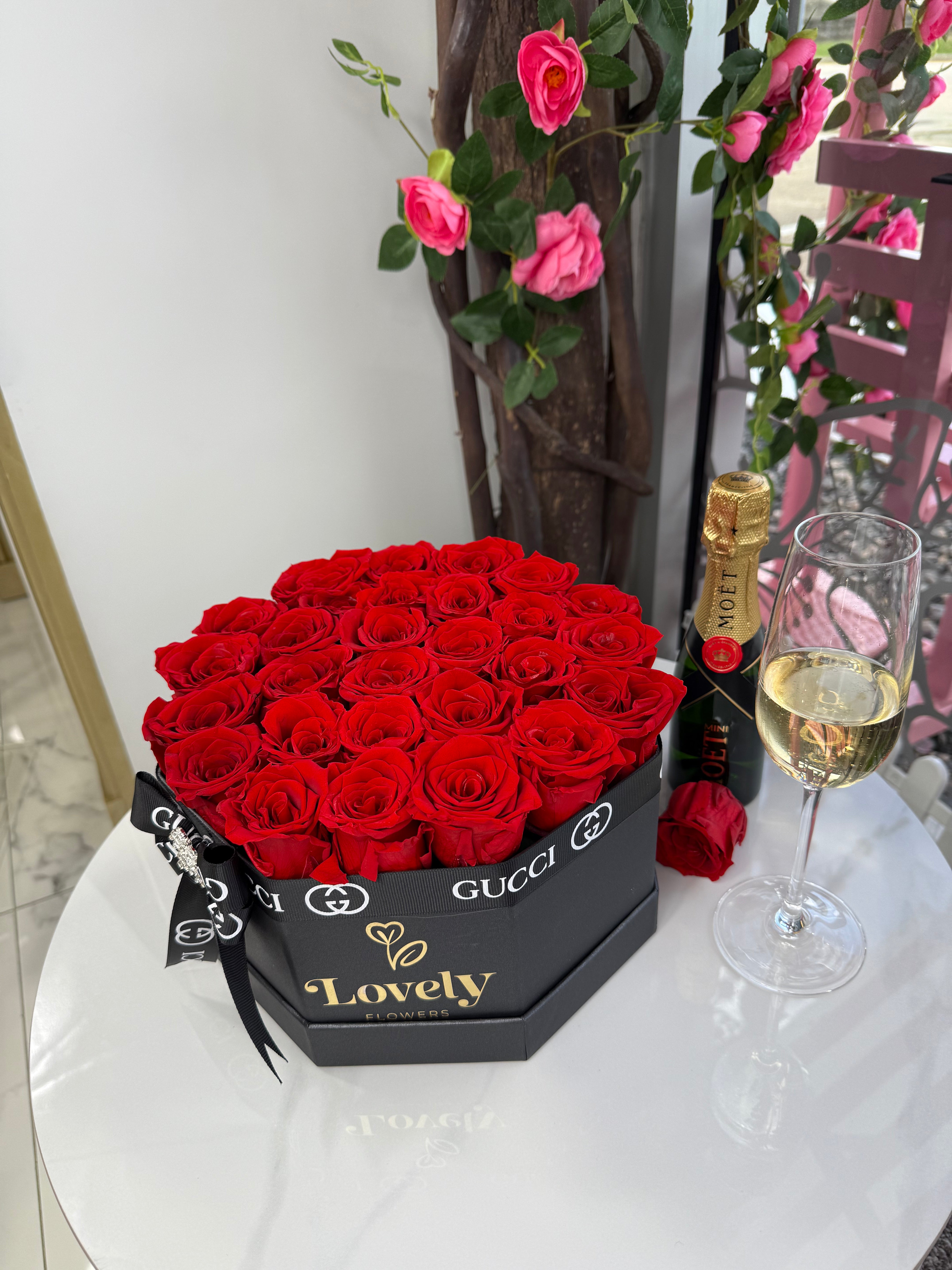 Everlasting Red Roses in Hexagonal Box – Lovely Flowers