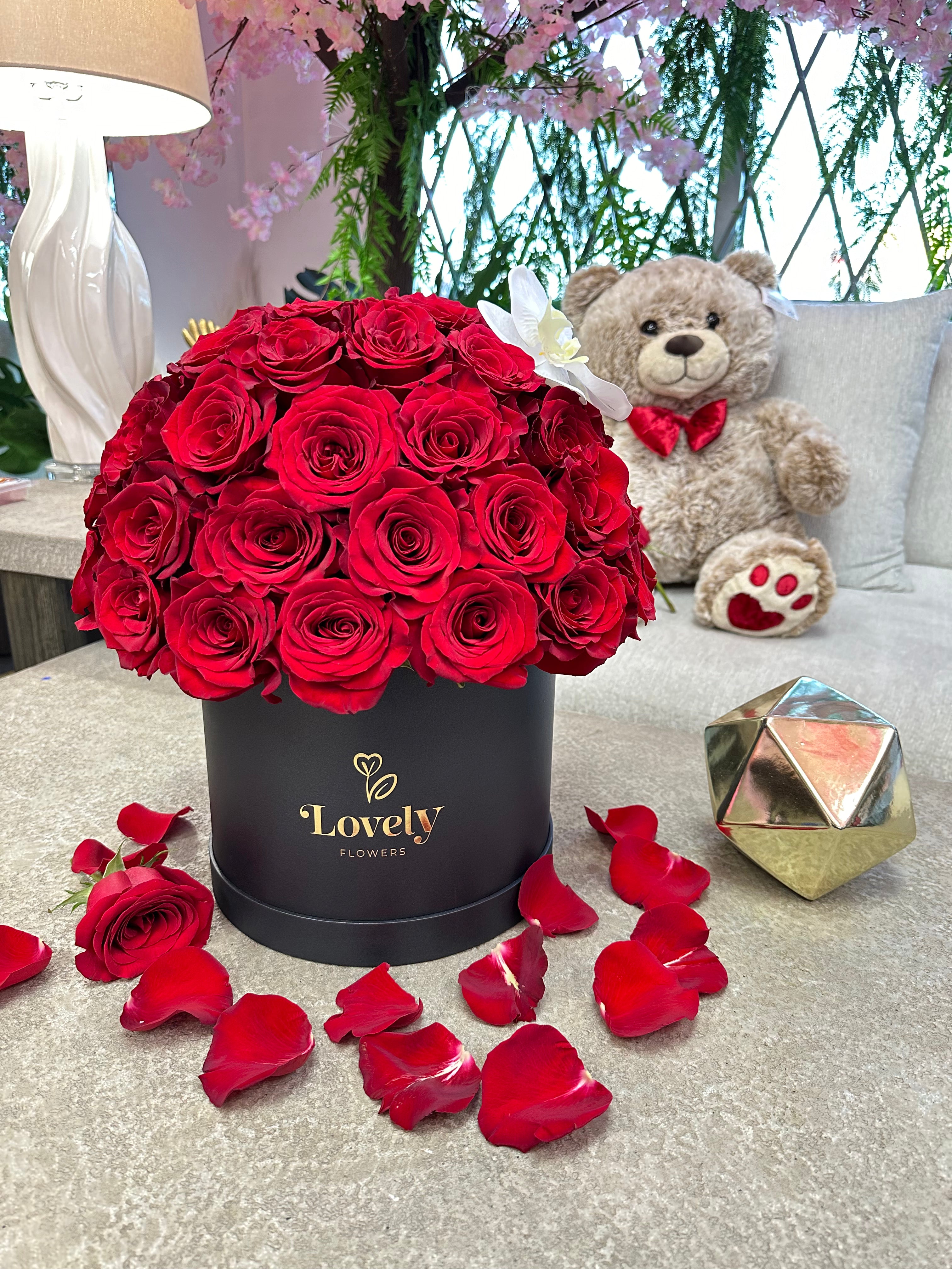 50 Roses Big Round Box with Red Roses – Lovely Flowers