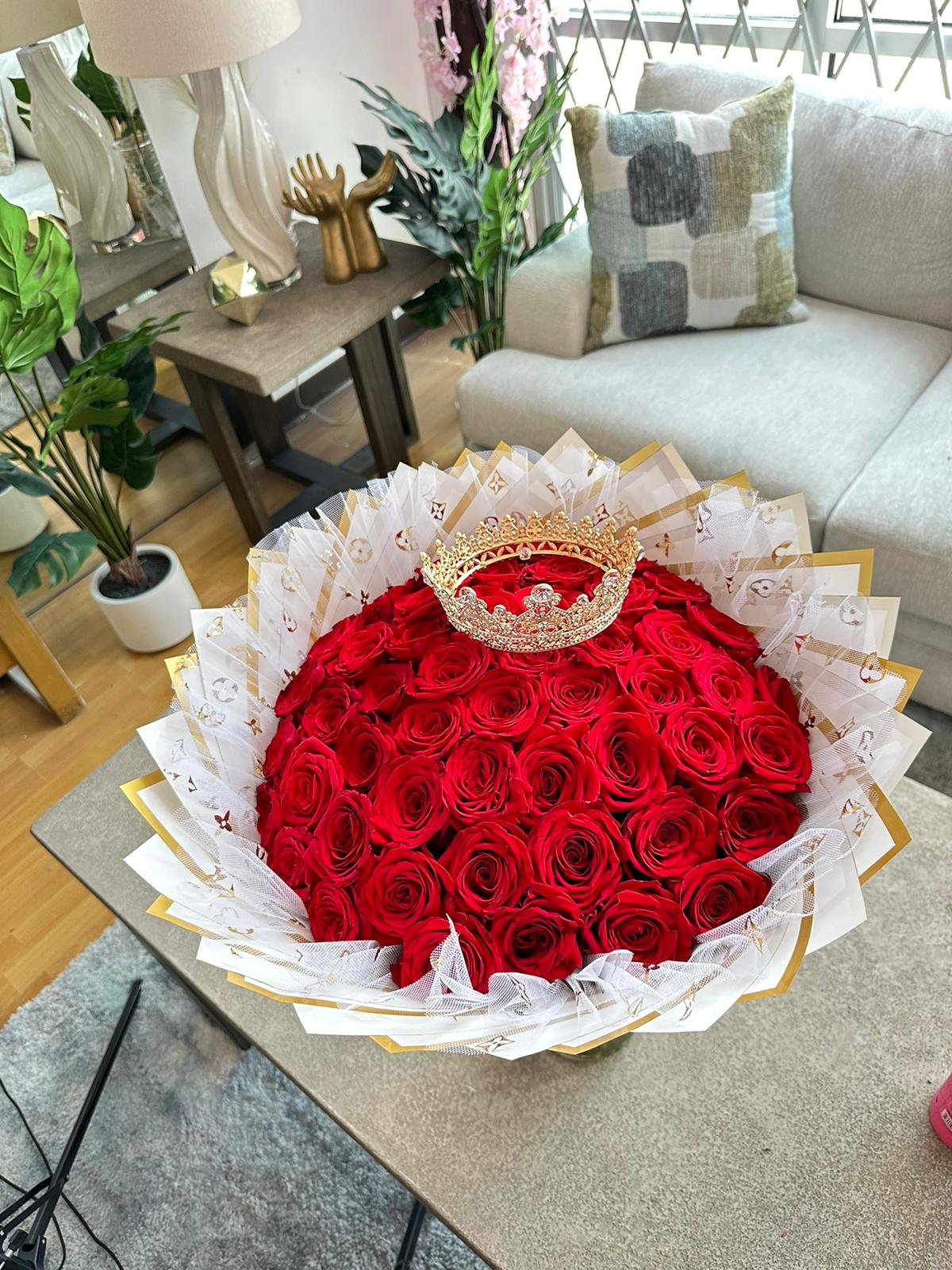 50 Red Roses + Lv Mesh and Crown – Lovely Flowers