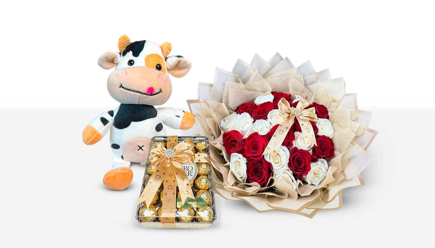 25 White & Rose Cow Combo – Lovely Flowers